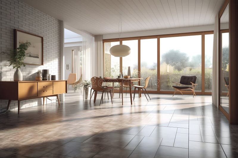 Photorealistic Mid Century Interior with Sunlight from Windows at ...
