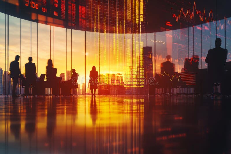 Photorealistic Modern Financial Environment with Sunset, Charts, and ...