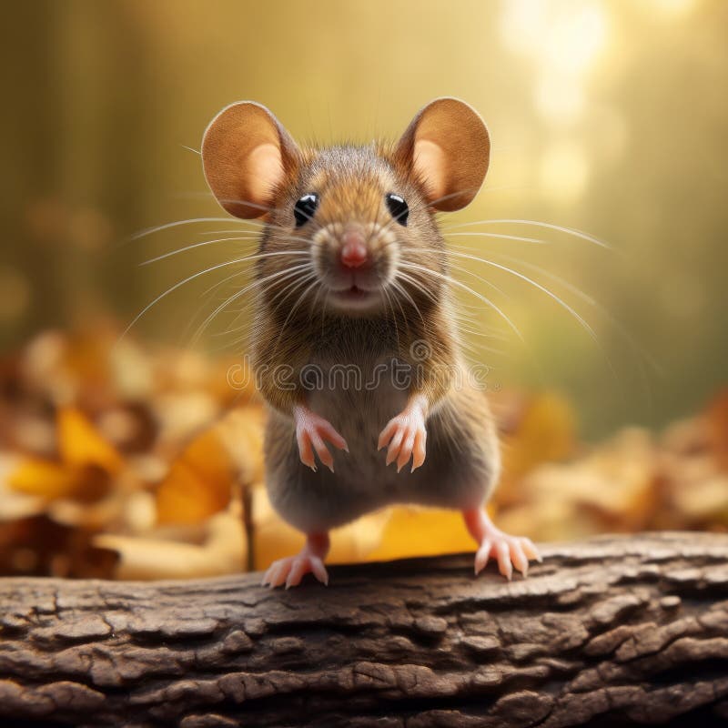 Photorealistic Portrait of a Cute Mouse Standing on a Log in the Forest ...