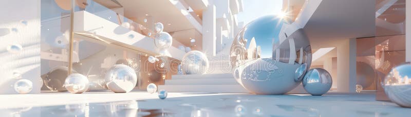 Photorealistic Render of a Futuristic Reflective Space with Floating ...