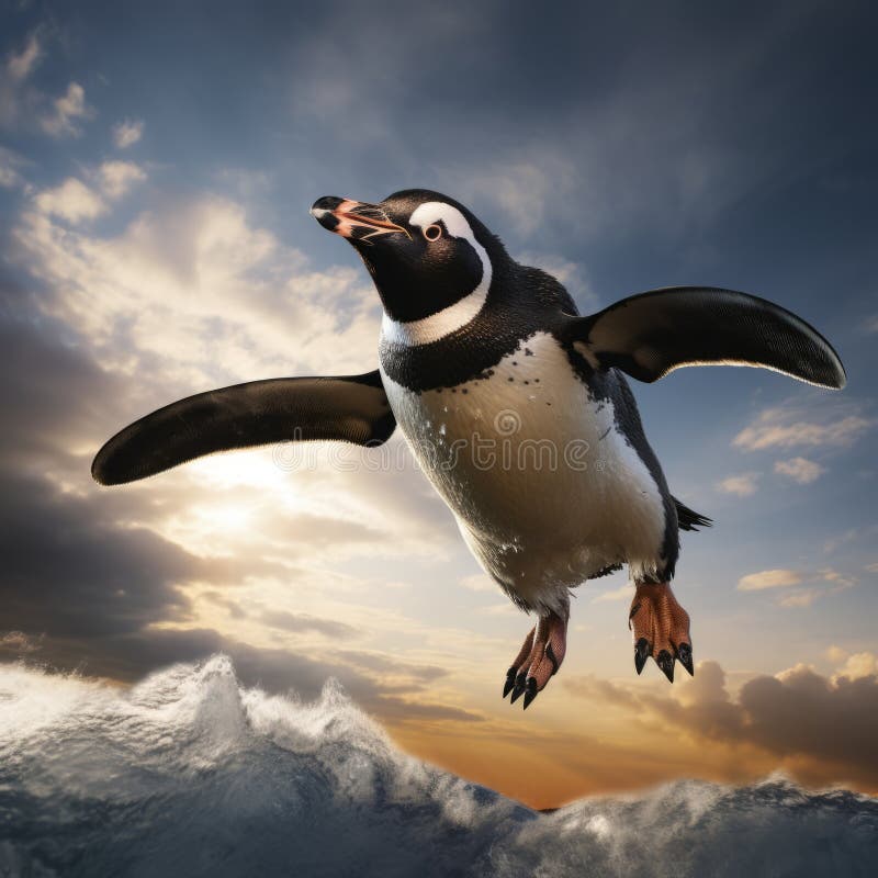 Photorealistic Rendering of a Penguin Flying Over a Wave Stock ...