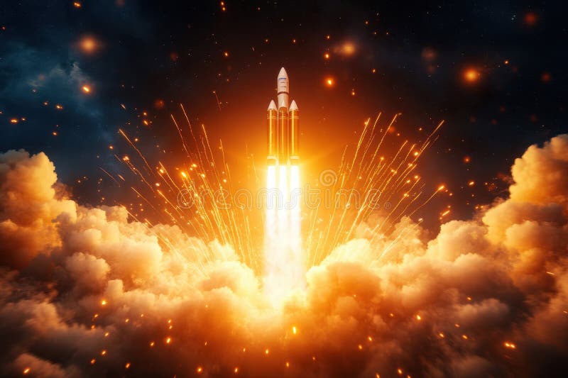 Photorealistic Rocket Launch in Dramatic Scene Stock Illustration ...