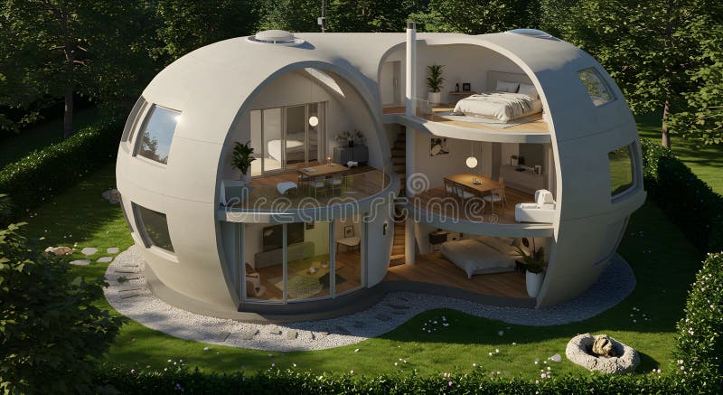 Photorealistic Spherical House with Sectioned View and Garden. Stock ...
