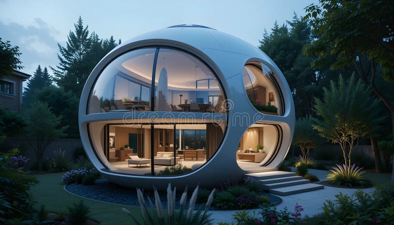 Photorealistic Spherical House with Sectioned View and Garden. Stock ...