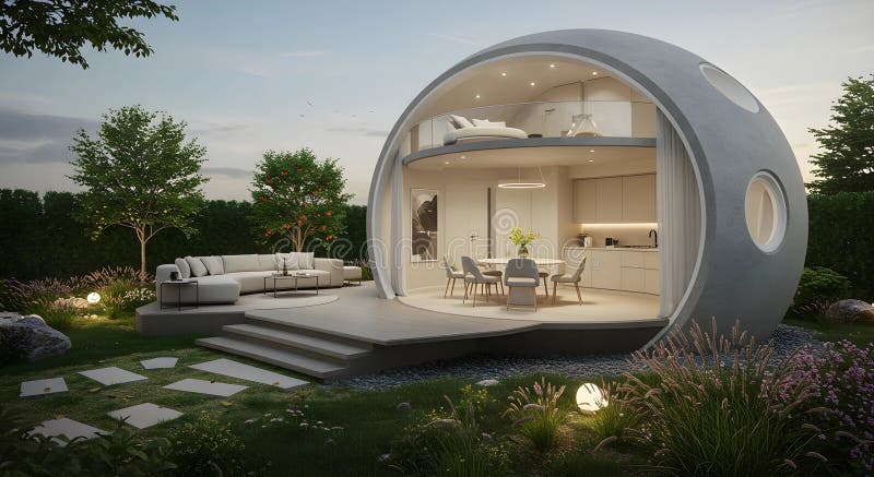 Photorealistic Spherical House with Sectioned View and Garden. Stock ...