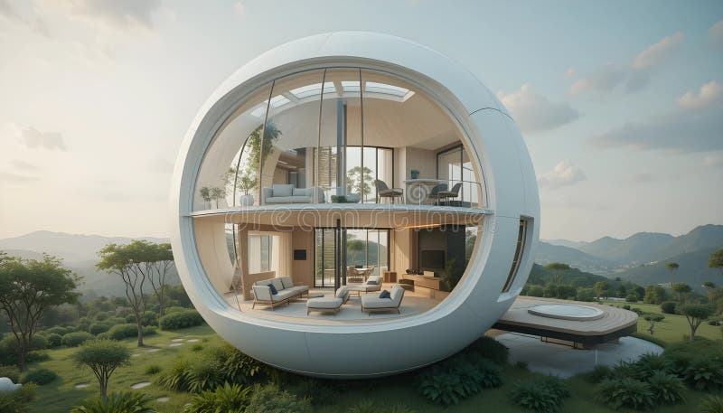Photorealistic Spherical House with Sectioned View and Garden. Stock ...