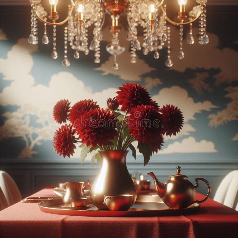 Elegant Tabletop Scene: Red Dahlias, Tea, and Chandelier Glow Stock ...