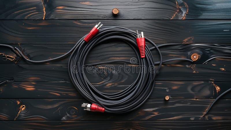 Photorealistic Top-down Image of Tangled Cables on Dark Wood with ...