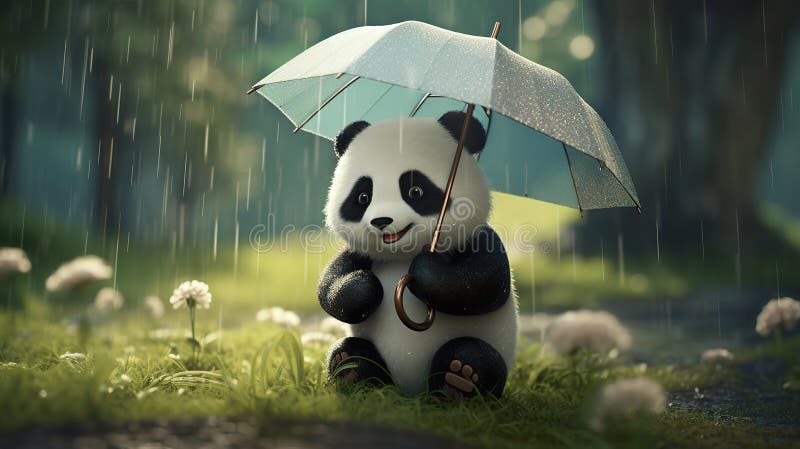 Photorealistic Version of a Panda Holding an Umbrella in Rain Stock ...