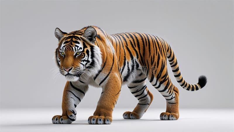 Photorealistic Young Tiger in Stalking Pose with Paws Forward and Tail ...