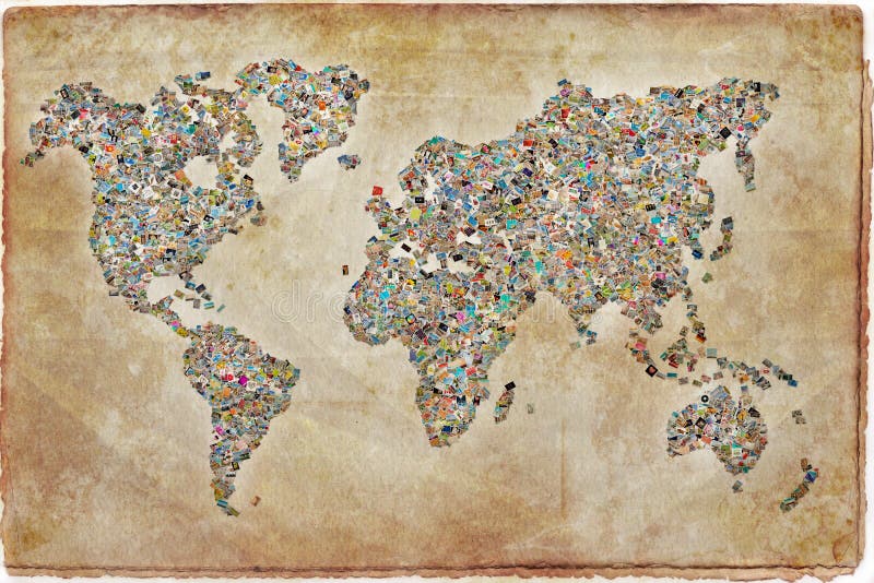 Photos Collage in the Shape of a World Map Stock Image - Image of ...