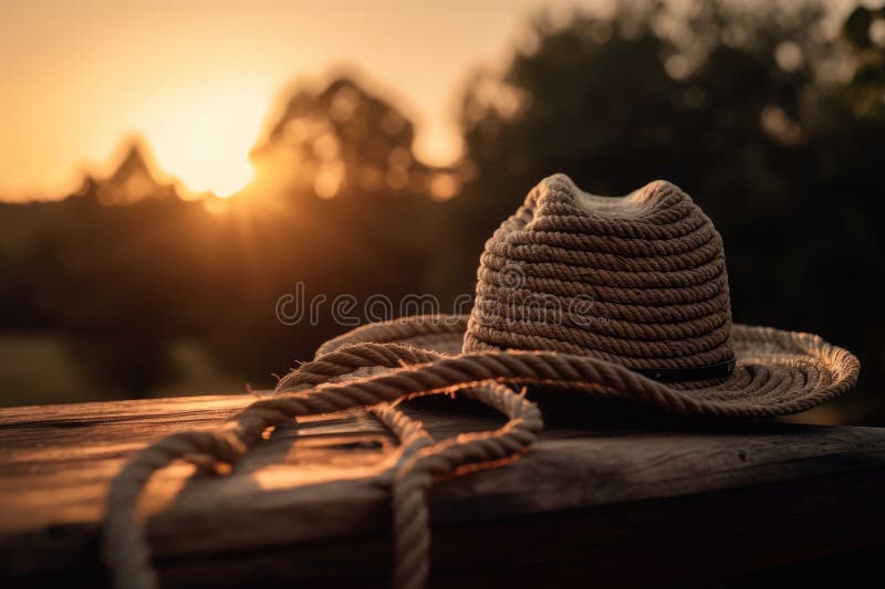 Photoshoot of Cowboy Hat and Rope in the Sunset Stock Illustration ...