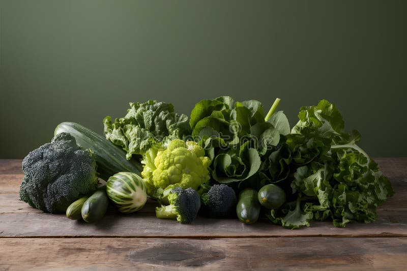 Fresh Green Vegetables on Rustic Wooden Table with Muted Green Backdrop ...