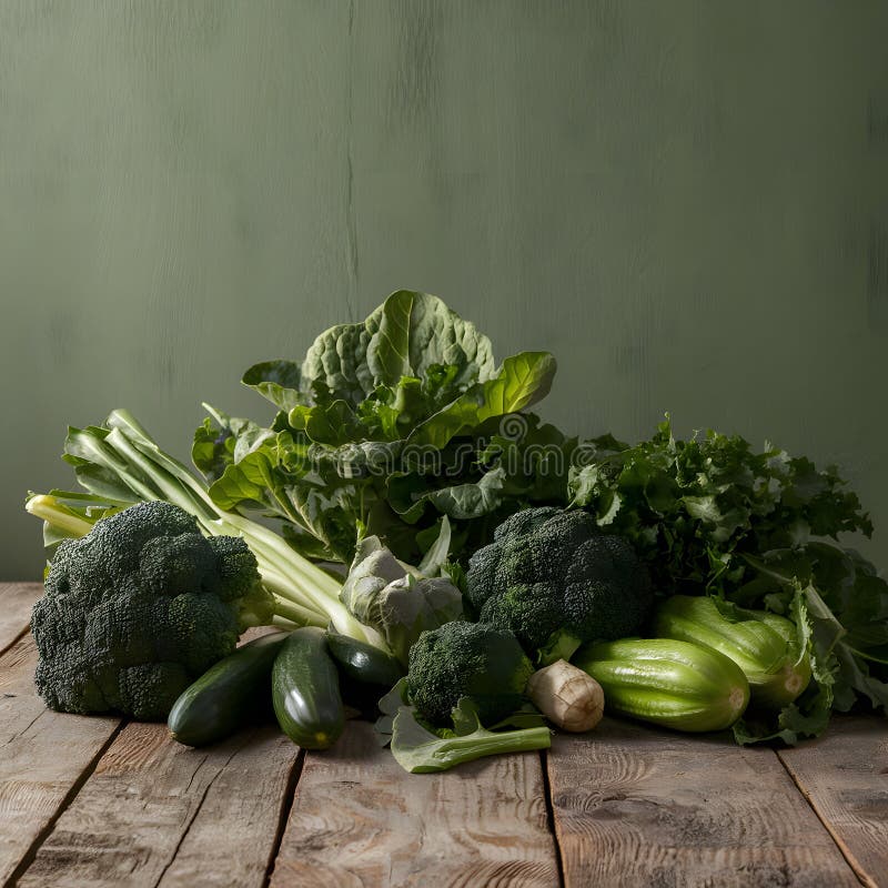 Fresh Green Vegetables on Rustic Wooden Table with Muted Green Backdrop ...