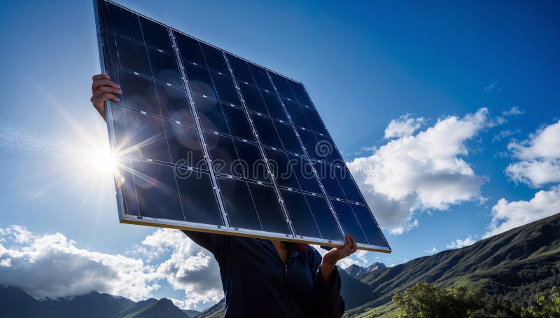Photovoltaic Panel in Human Hands Against Blue Sky with Clouds ...