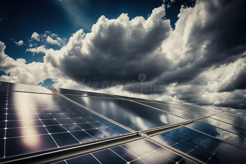 Photovoltaic Roof with Clouds and the Sun Reflected on it Stock ...