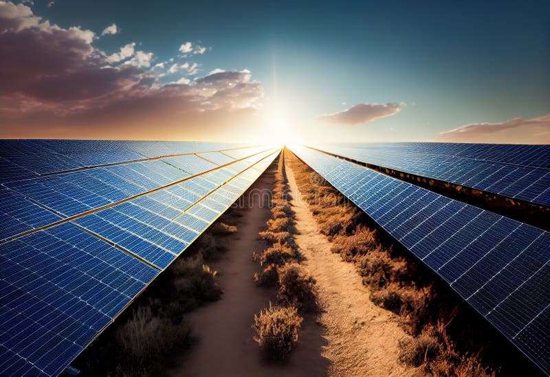 Photovoltaic Solar Panel Station, Over Blue Sky. Generative AI. Stock ...