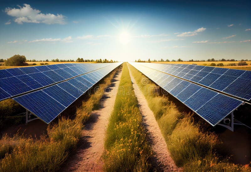 Photovoltaic Solar Panel Station, Over Blue Sky. Generative AI. Stock ...