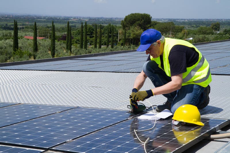 Worker Installing Solar Panels Outdoors Stock Image - Image of house ...