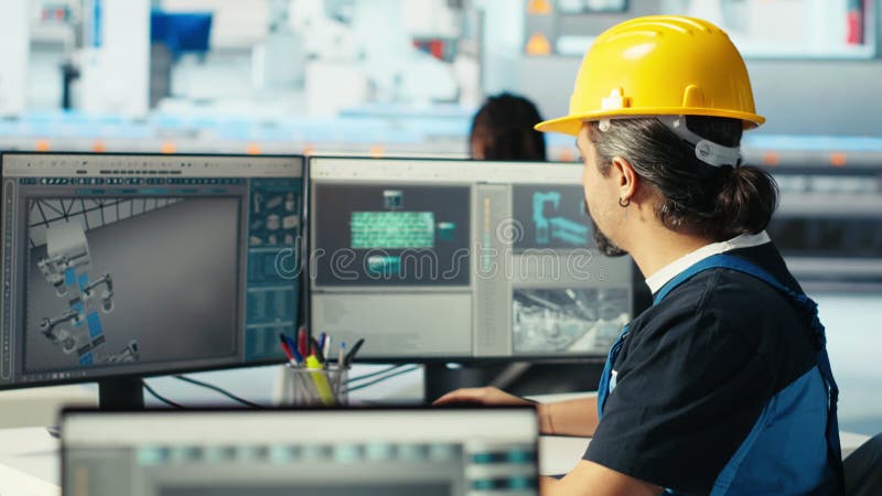 Photovoltaics Factory Engineer Planning Work on Facility Floor in CAD ...