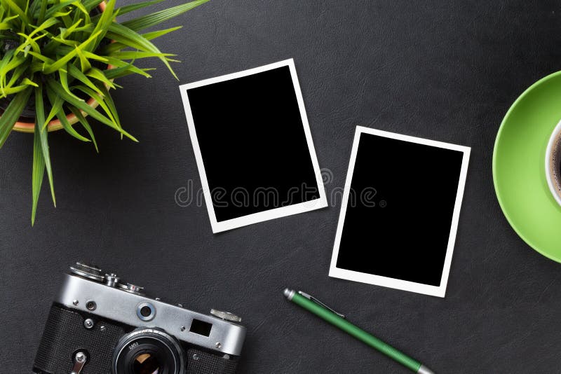 Phots Over Desk Table, Camera, Coffee and Flower Stock Image - Image of ...