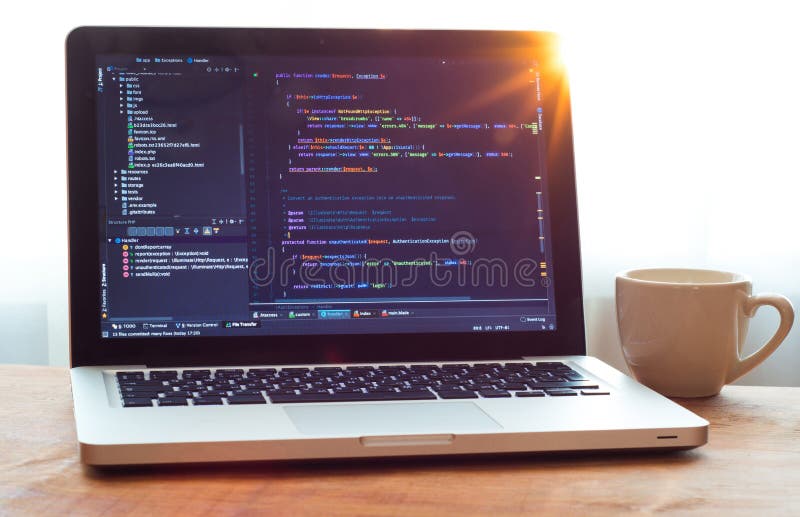 Computer Code On Laptop Web Developing And Cellphone Stock Image