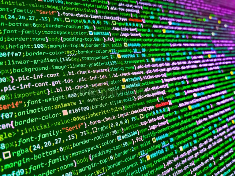 PHP Development, Software Site Code. Hi-tech Modern Screen of Data, Digits and Chars on Monitor ...