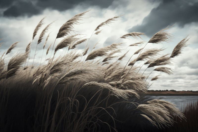 Phragmites in a Wind with Cloudy Sky. Illustration AI Generative Stock ...