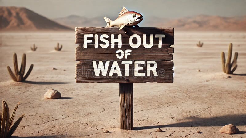 Humorous Wooden Sign in Desert Fish Out of Water with Fish Stock ...