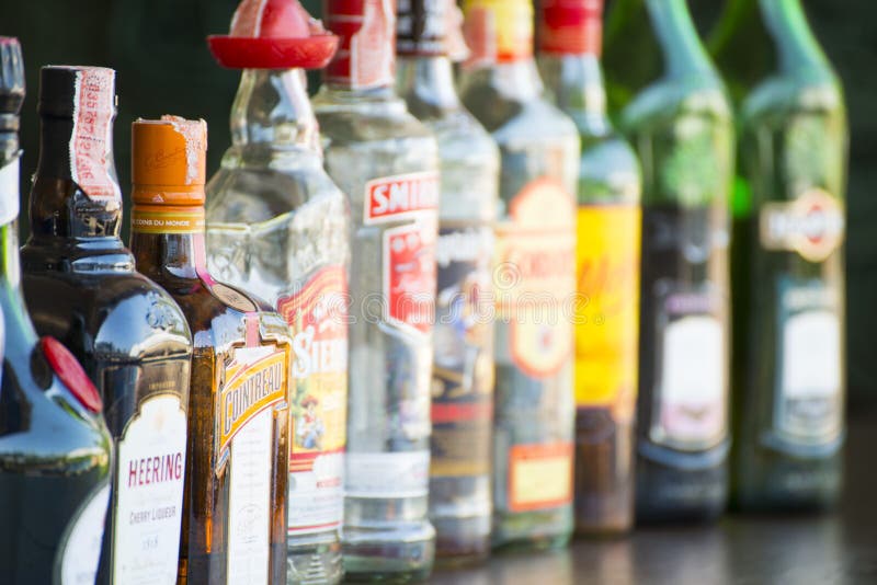 Phuket, Thailand - May 20, 2016 : Various Alcohol Bottles on she ...