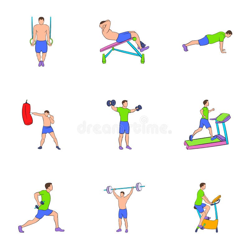 Physical Exercises Icons Set, Cartoon Style Stock Vector - Illustration ...