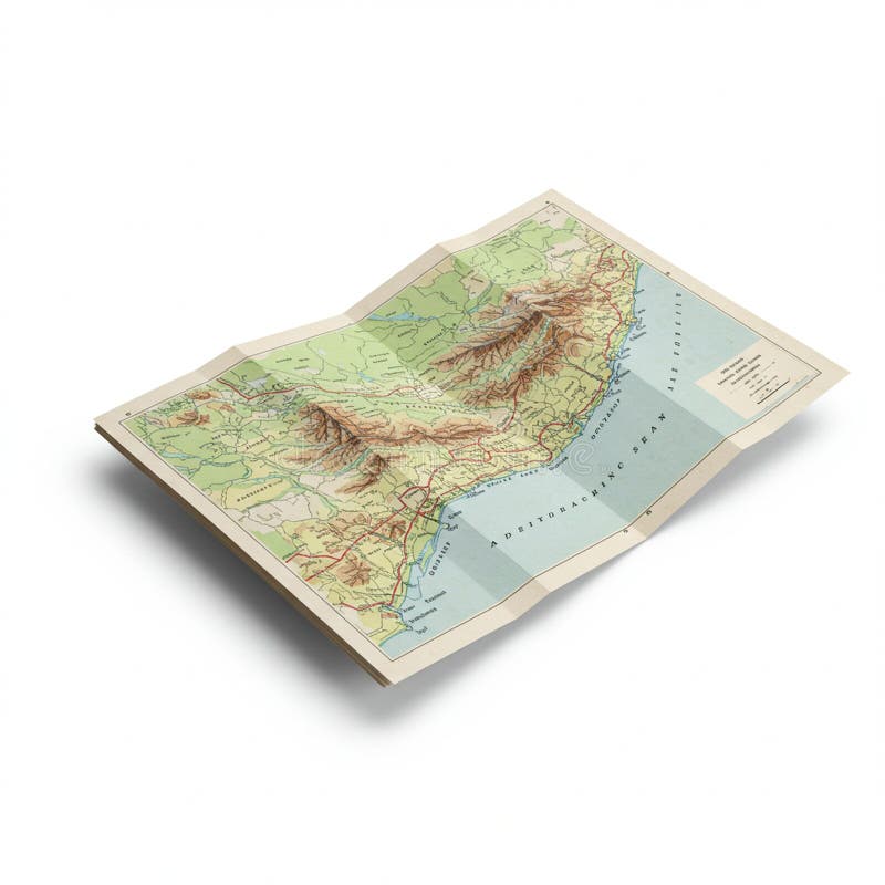 A Physical Map Showing a Section of Coastline and Mountainous Terrain ...