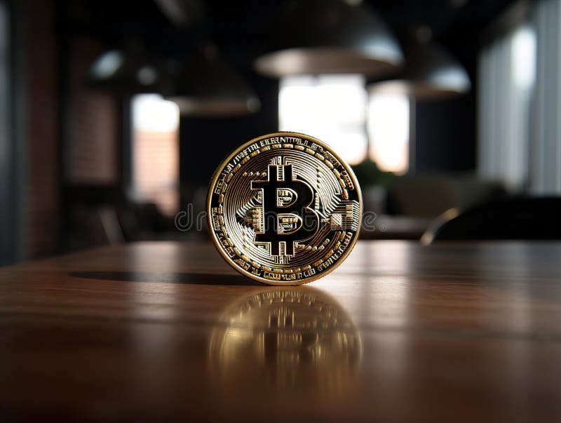 Physical Representation of the Cryptocurrency Bitcoin on a Wooden Desk ...