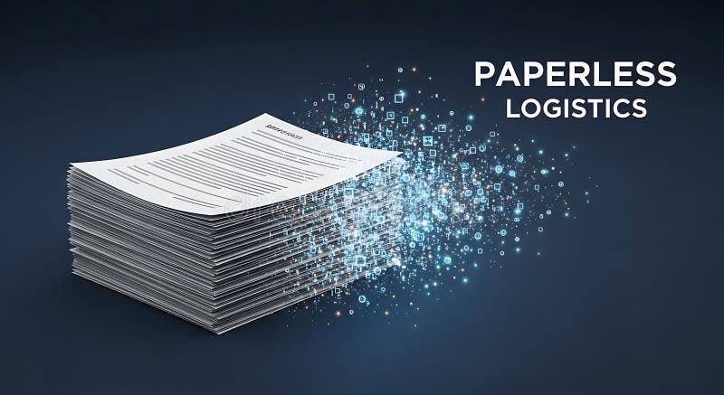 Stack of Documents Transforming into Digital Data Symbolizing the Shift To Paperless Logistics ...