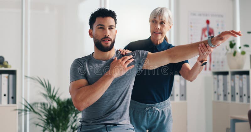 Physical Therapy, Stretch Arm and Patient Man at Consultation for ...