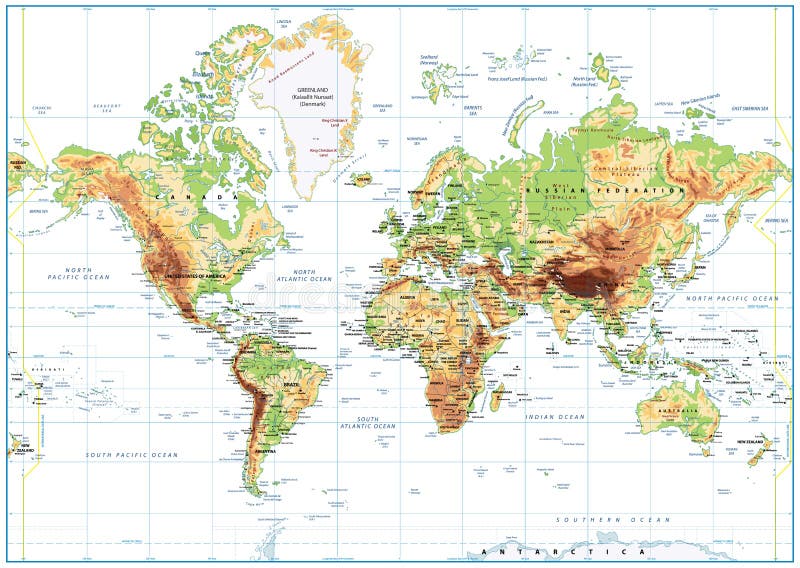 Highly Detailed Physical World Map with Labeling. Vector Illustration ...