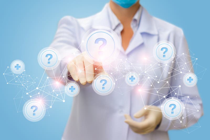 Physician Clicks on the Button with the Question on the Network . Stock ...