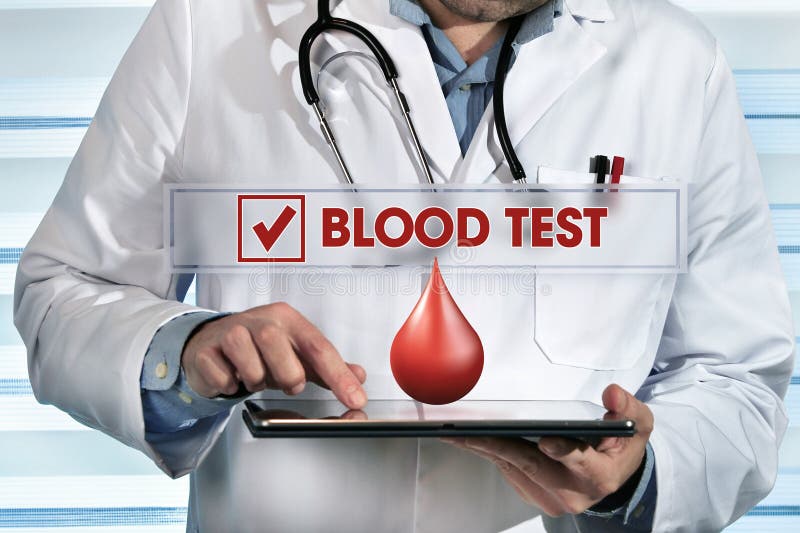 Physician Working with Tablet in Hands in the Lab with Text Blood Test ...