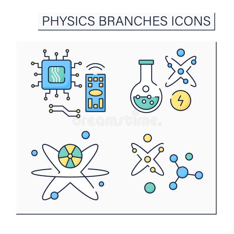 Physics Branches Color Icons Set Stock Vector - Illustration of nuclear ...