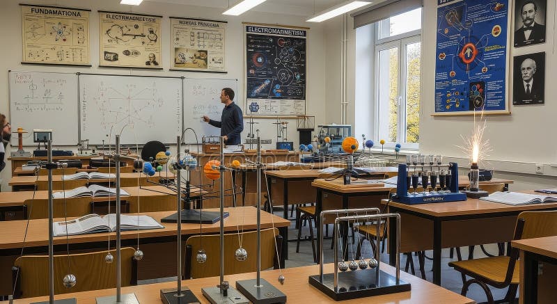 University Physics Classroom with Teacher and Demonstration Equipment ...
