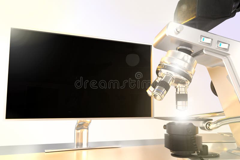 Physics Development Concept, Laboratory Modern Microscope and Monitor ...