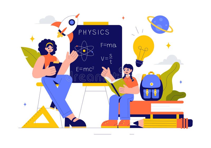 Physics Learning Vector Illustration Featuring Students Exploring Electricity, Magnetism, Light ...
