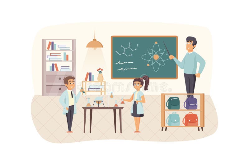 Physics Lesson Scene. Teacher Explains Structure of Atom Stock Vector ...