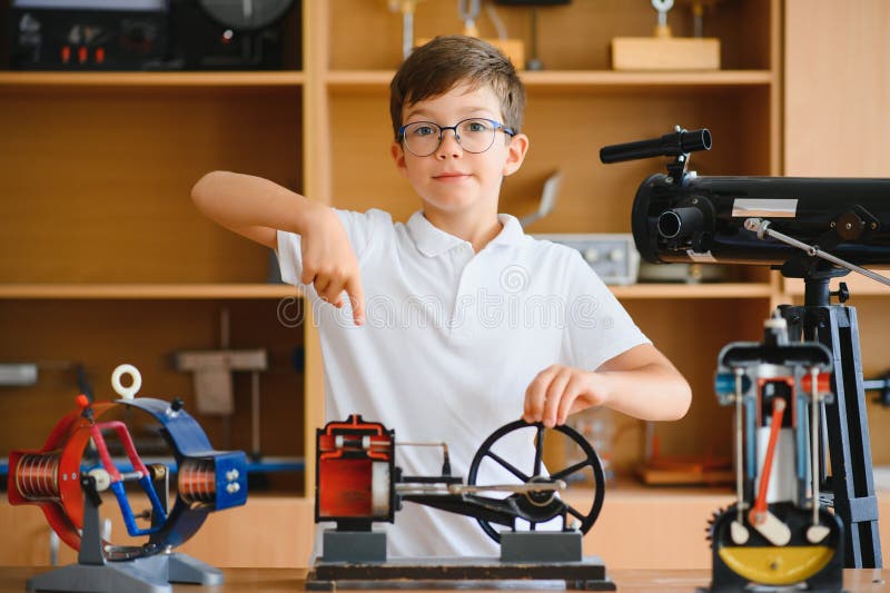 Physics Lesson. a Student at a Desk with Scientific Instruments and a ...