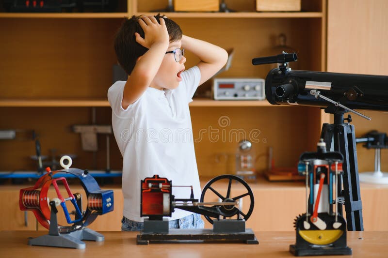 Physics Lesson. a Student at a Desk with Scientific Instruments and a ...