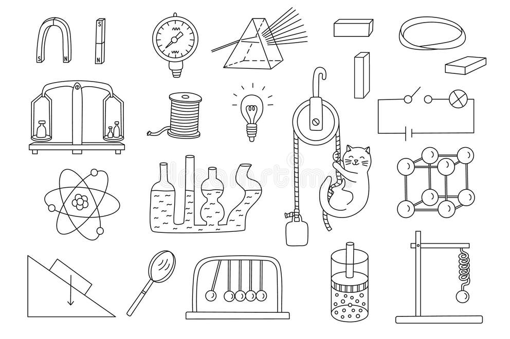 Physics Sciences Set Hand Drawn Doodle Vector Illustration Black ...