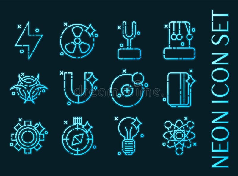 Physics Set Icons. Blue Glowing Neon Style Stock Vector - Illustration ...