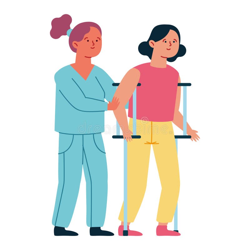 Physiotherapist Helping Kid Walking with Crutches Stock Vector ...