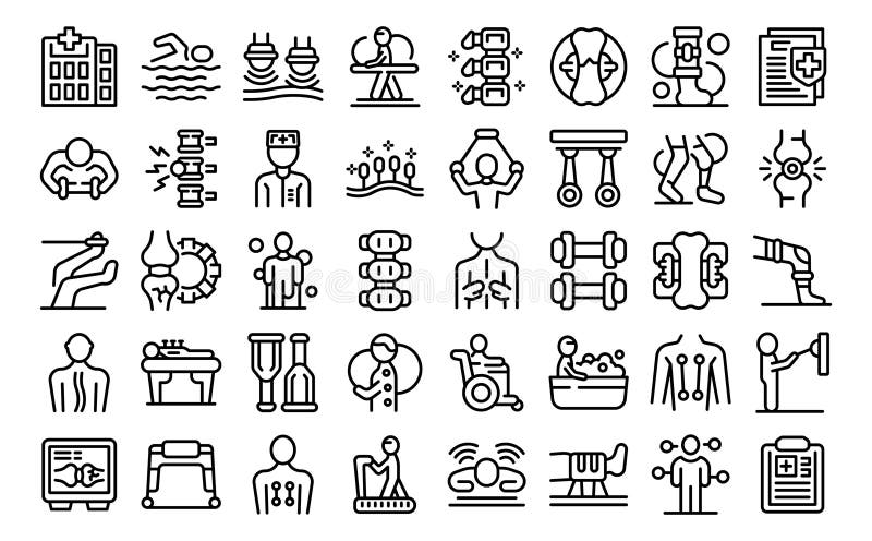 Physiotherapy Icons Set Outline Vector. Treatment Exercise Stock Vector ...