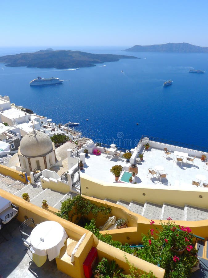 Zadziwiający Wieczór Widok Fira, Kaldera, Wulkan Santorini, Grecja Z ...